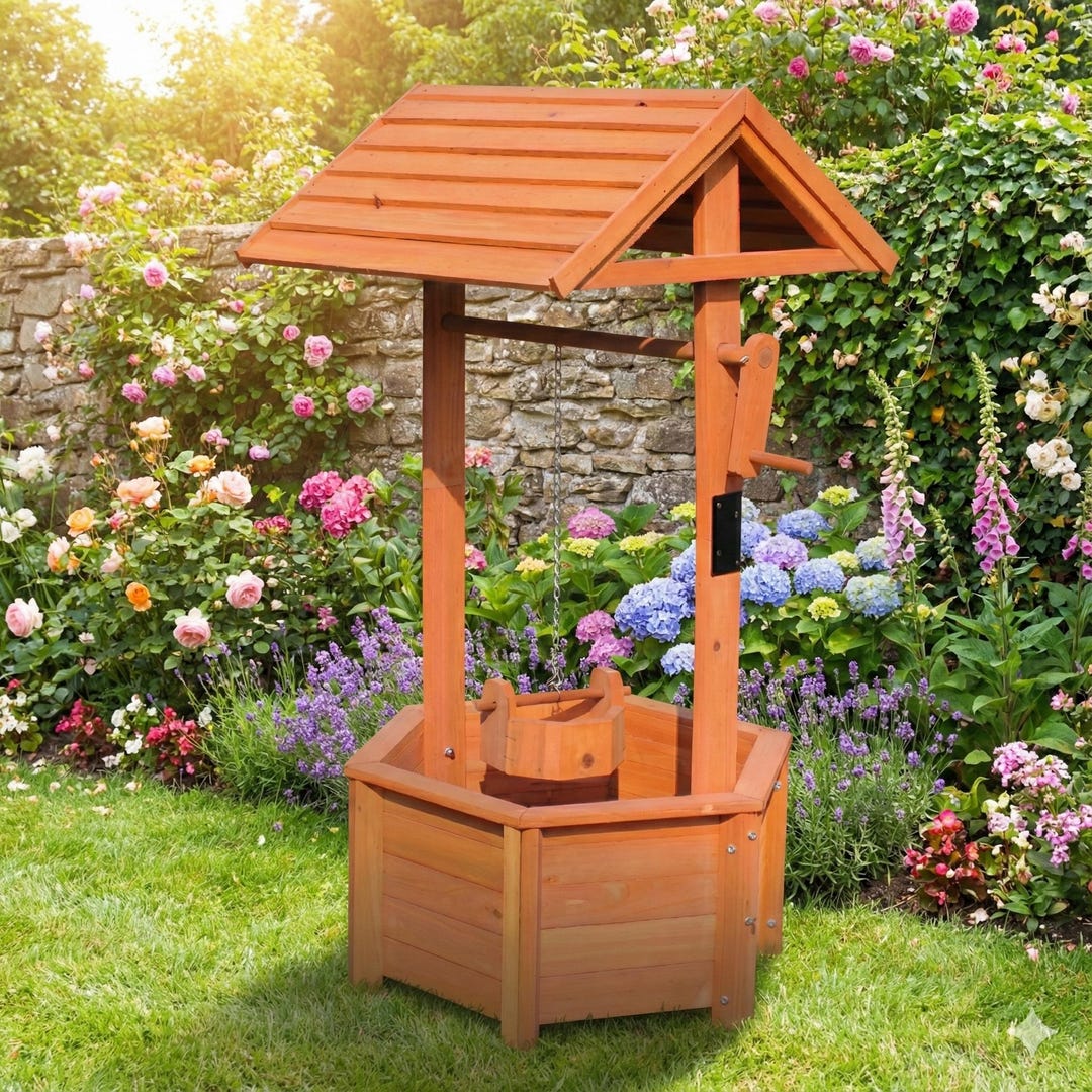 Wooden Wishing Well Planter, Garden Patio Flower Pot Display With ...