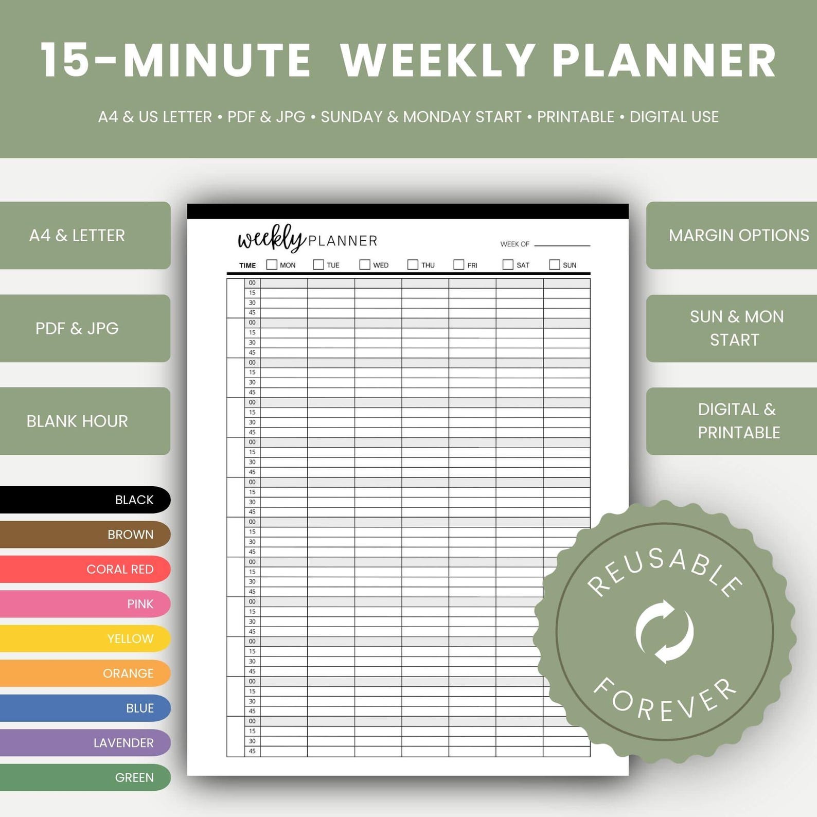 15 Minute Weekly Planner, Time Blocking Planner, 15 Minute Interval ...
