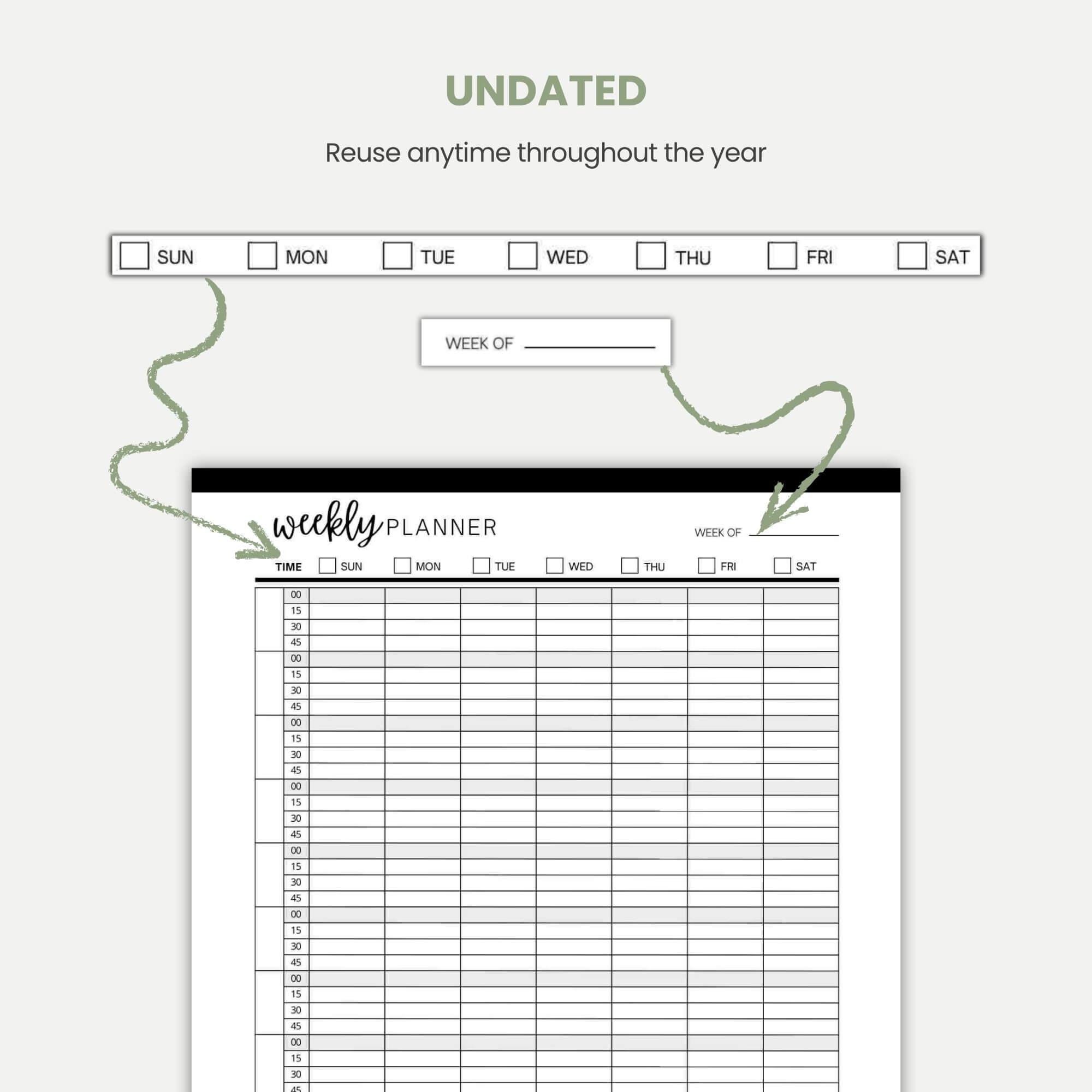 15 Minute Weekly Planner, Time Blocking Planner, 15 Minute Interval ...