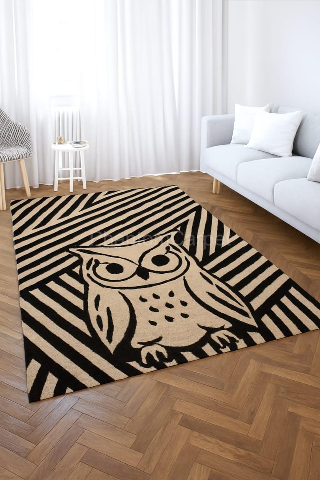 Owl Area Rug for Living Room – Modern Black & Beige Animal Carpet ...
