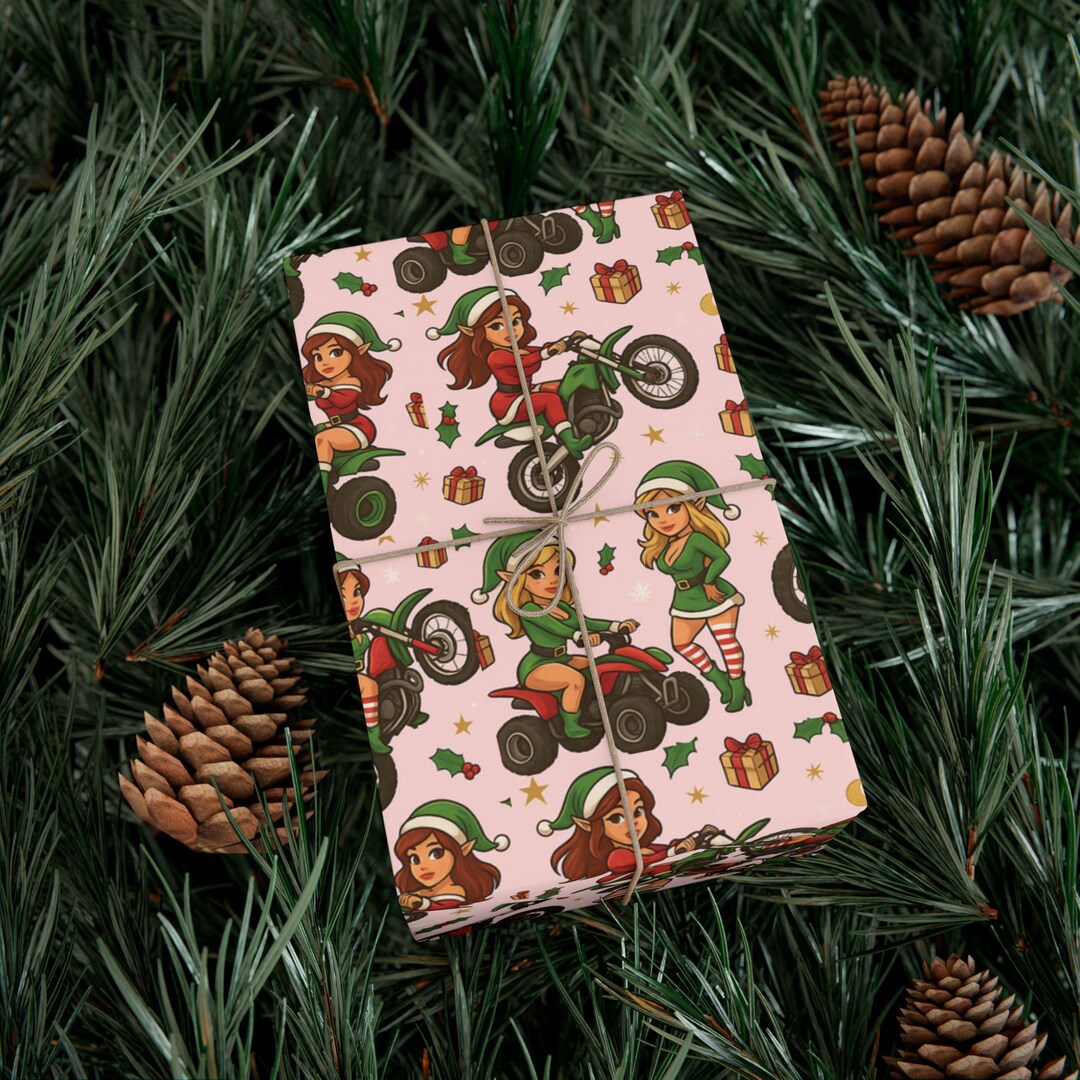 Christmas Elf Motorbike Pink Gift Wrap Paper | Holiday Wrapping Sheets ...