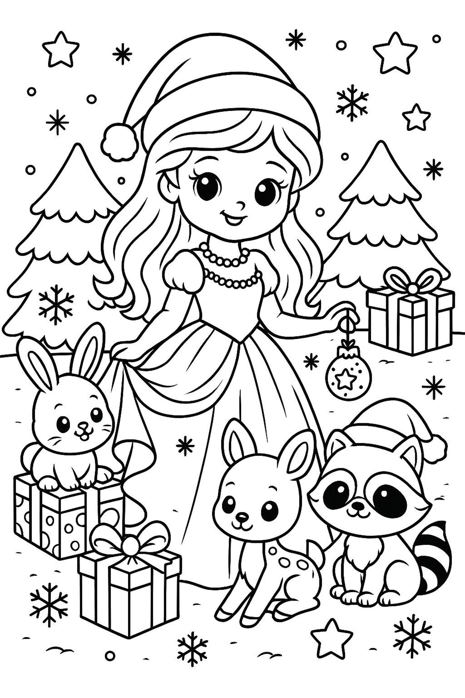 Kawaii Christmas Princess Coloring Pages- Princess & Animal- Kids ...