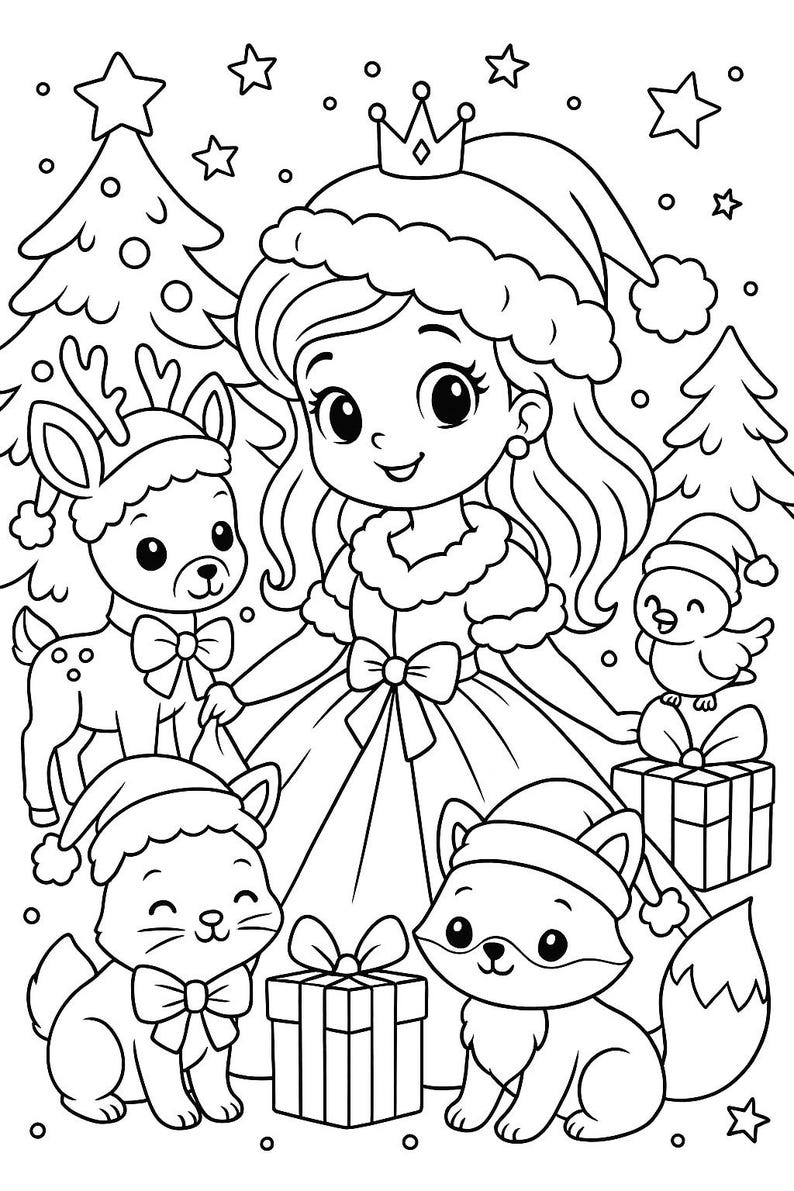 Kawaii Christmas Princess Coloring Pages- Princess & Animal- Kids ...