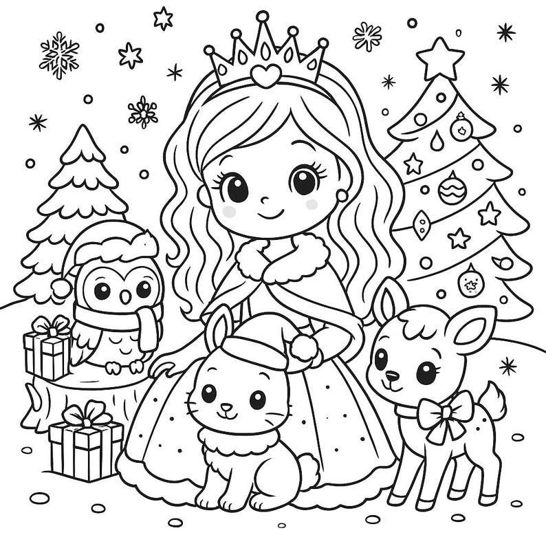 Kawaii Christmas Princess Coloring Pages- Princess & Animal- Kids ...