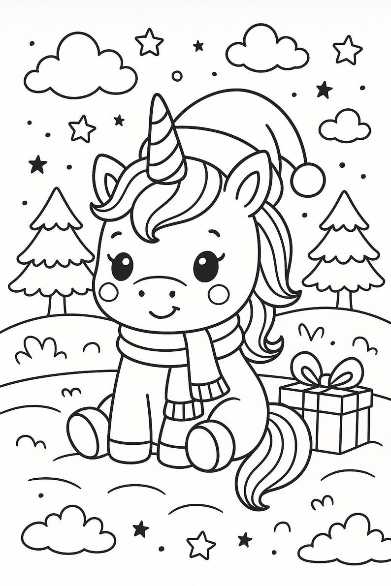 Kawaii Christmas Unicorn Coloring Pages - 10 Printable Sheets (digital ...