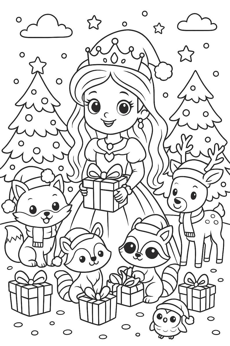 Kawaii Christmas Princess Coloring Pages- Princess & Animal- Kids Printable- Instant Download ...