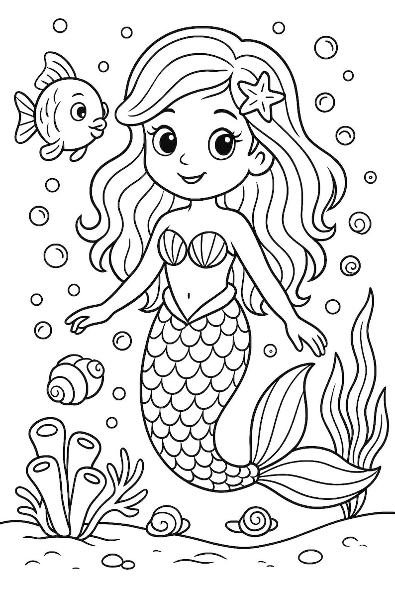 Kawaii Mermaid Coloring Pages- 10 Mermaids Printable Pack for Kids ...