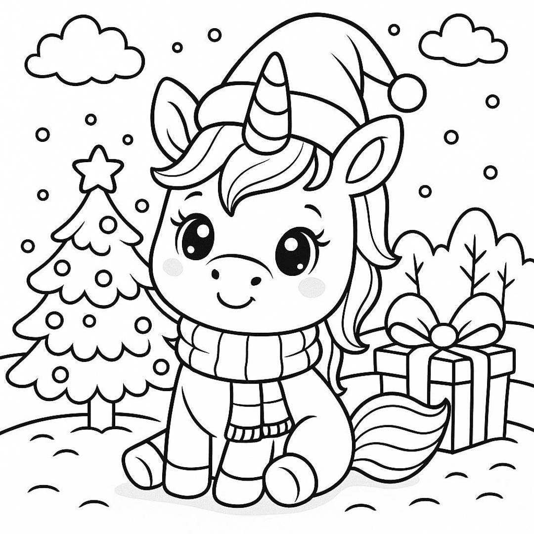 Kawaii Christmas Unicorn Coloring Pages - 10 Printable Sheets (digital ...