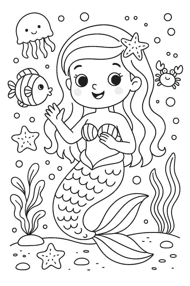 Kawaii Mermaid Coloring Pages- 10 Mermaids Printable Pack for Kids ...