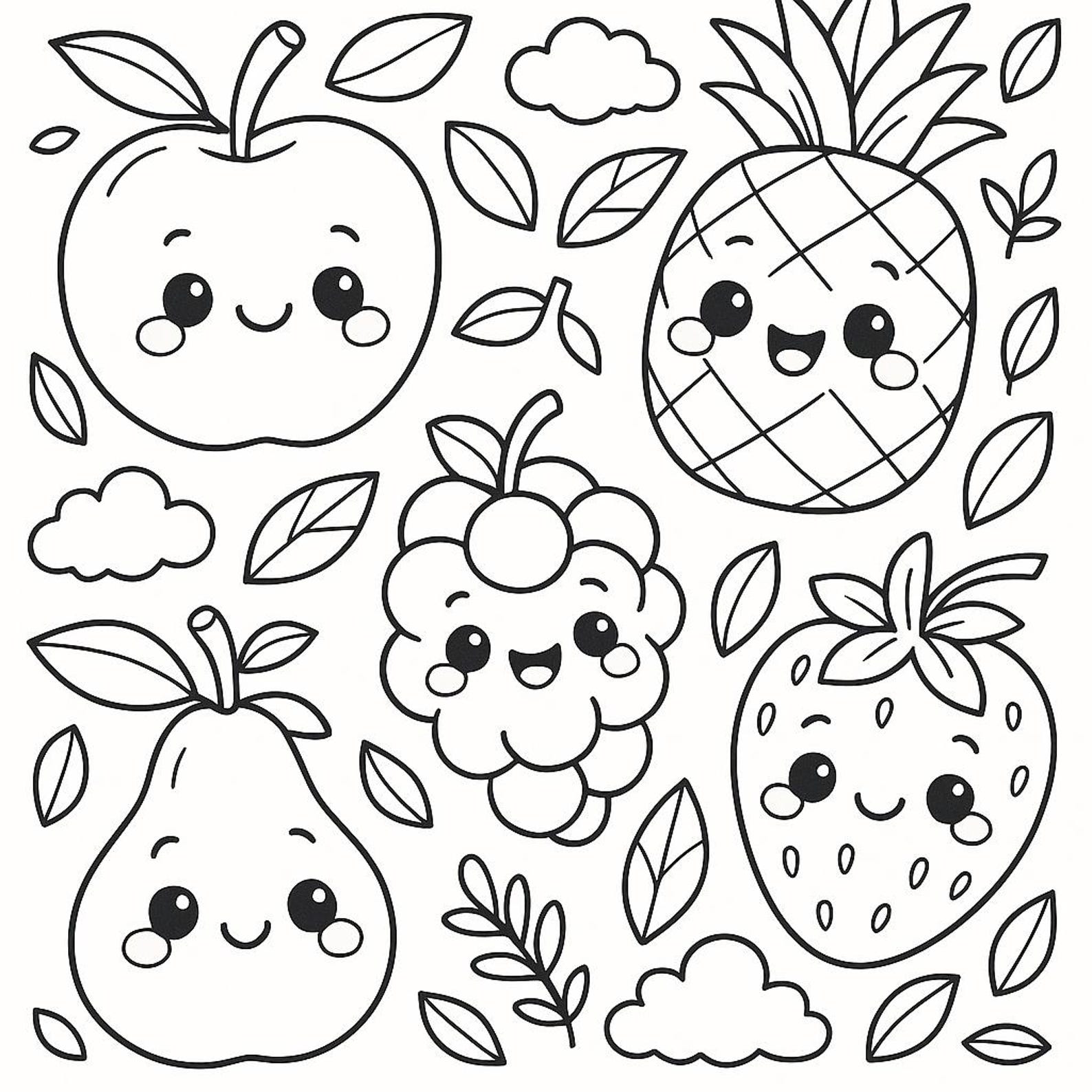 Kawaii Fruits Coloring Pages- 10 Printable Pages for Kids -instant ...