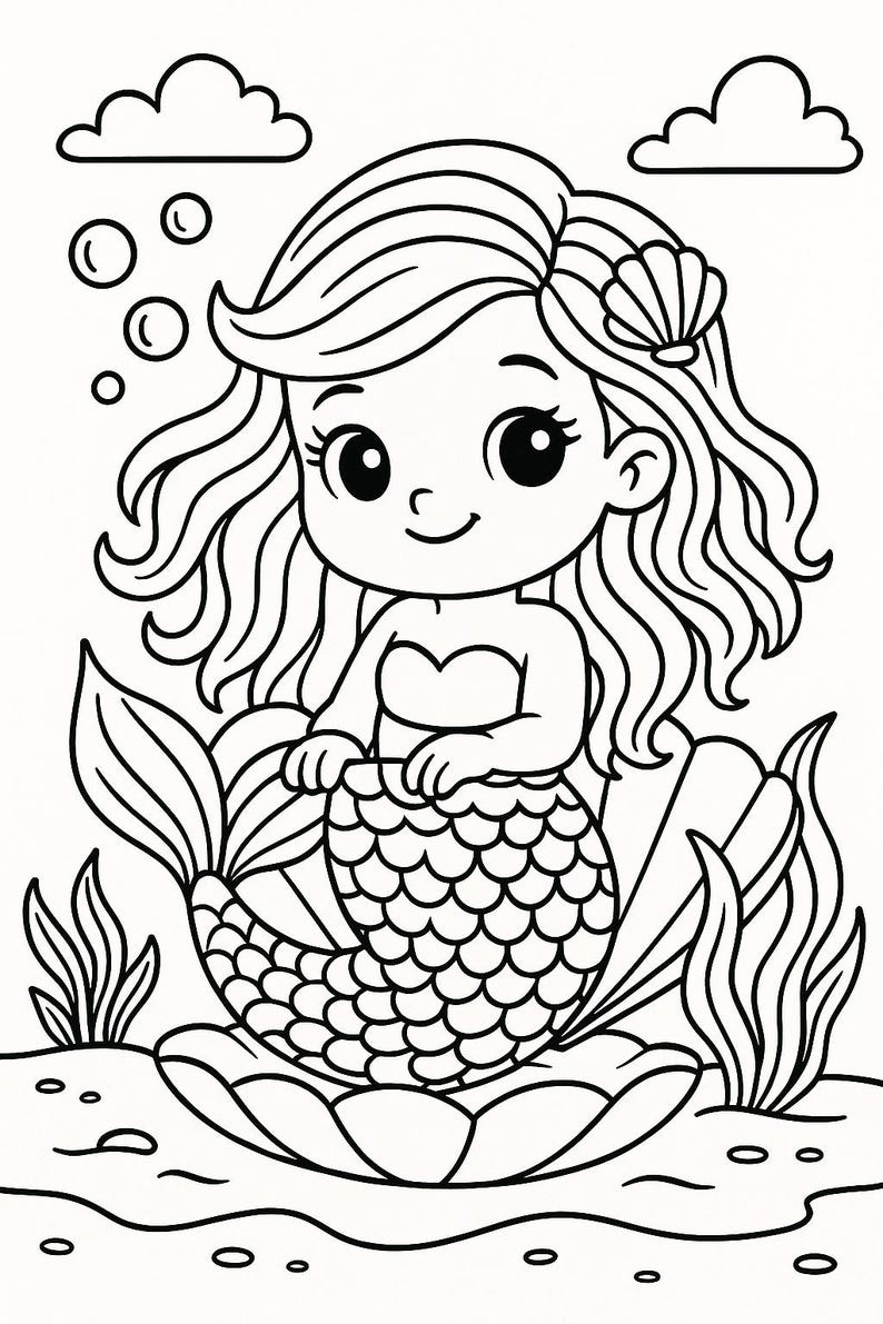 Kawaii Mermaid Coloring Pages- 10 Mermaids Printable Pack for Kids ...