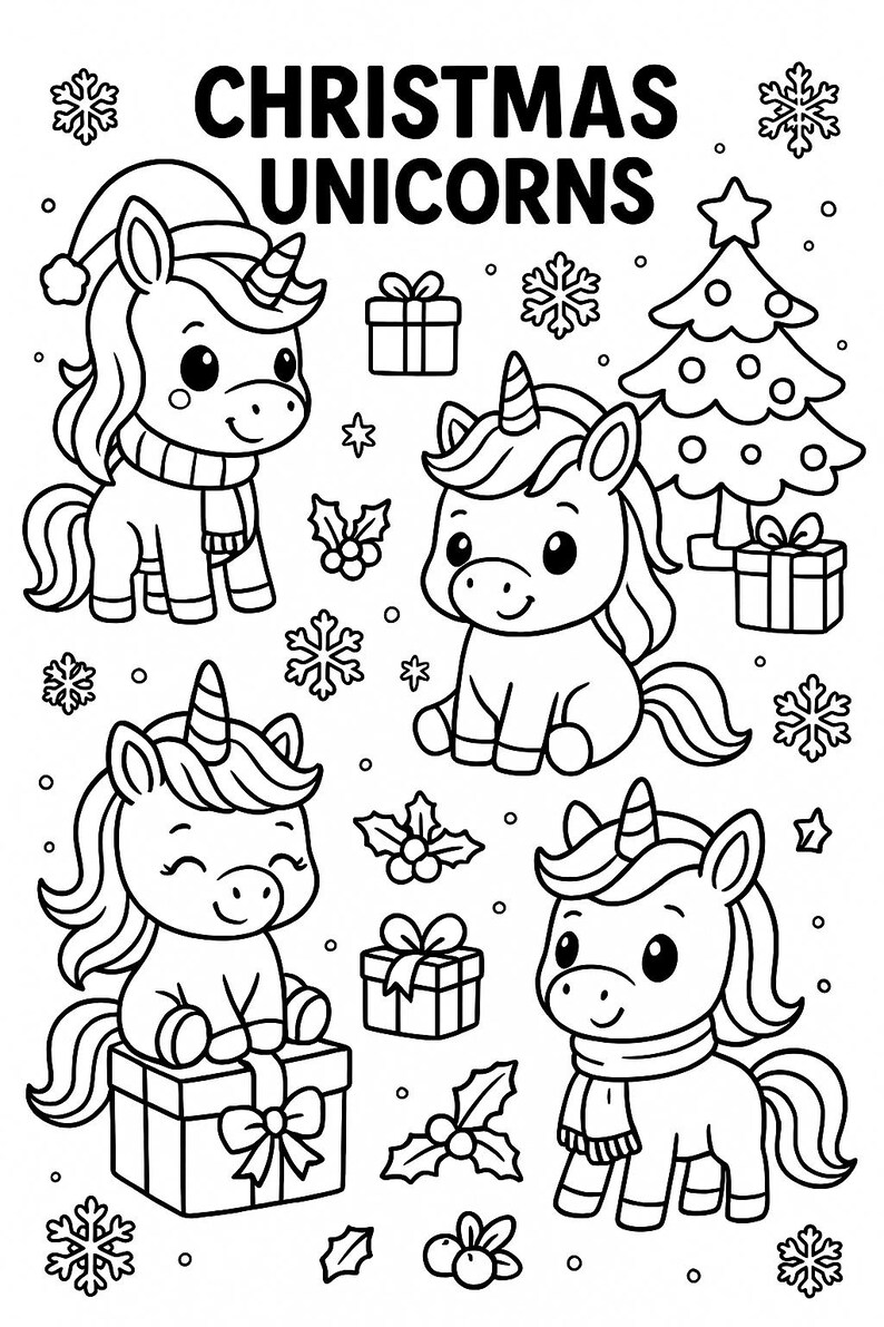 Kawaii Christmas Unicorn Coloring Pages - 10 Printable Sheets (digital ...