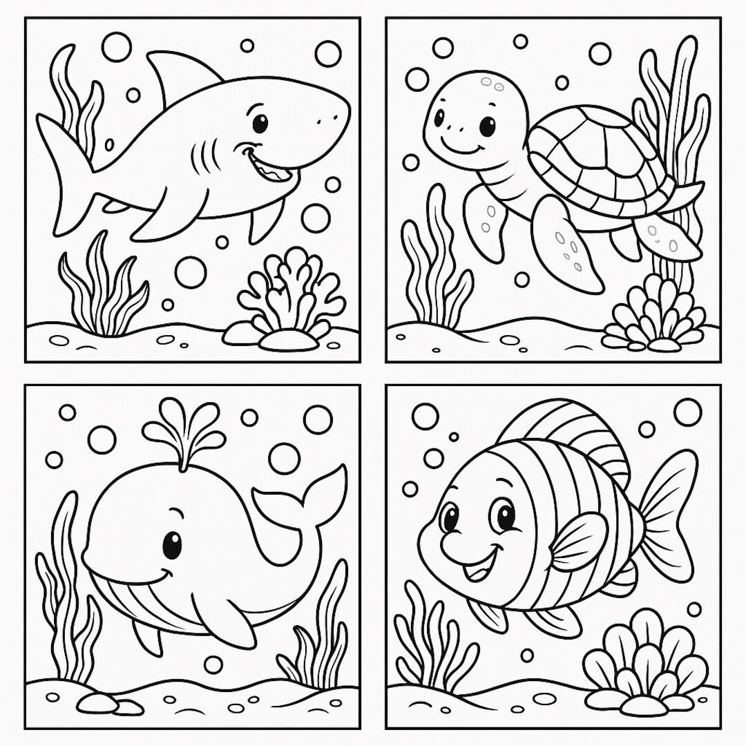 Under the Sea Coloring Pages- 10 Kawaii Sea Life Animal-printable Pack ...