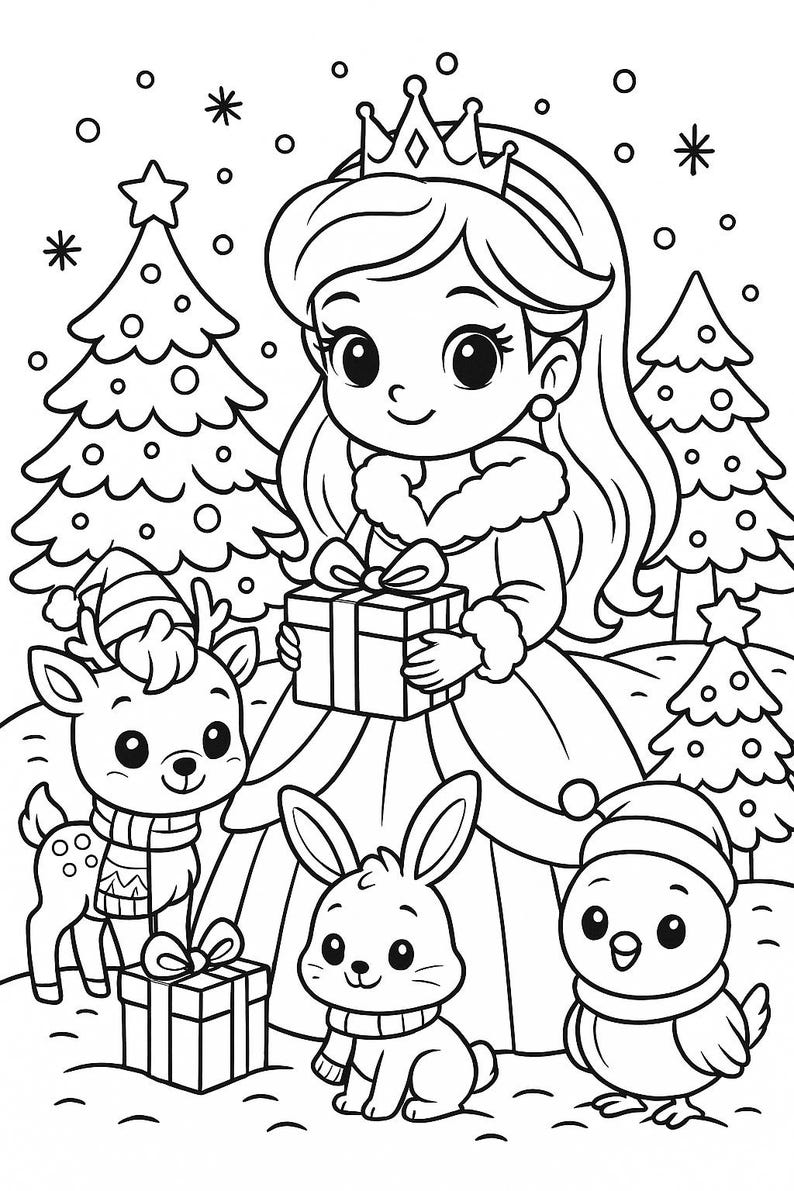 Kawaii Christmas Princess Coloring Pages- Princess & Animal- Kids ...