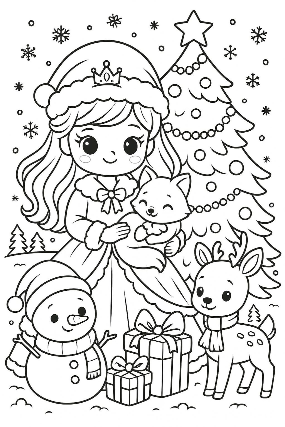 Kawaii Christmas Princess Coloring Pages- Princess & Animal- Kids ...