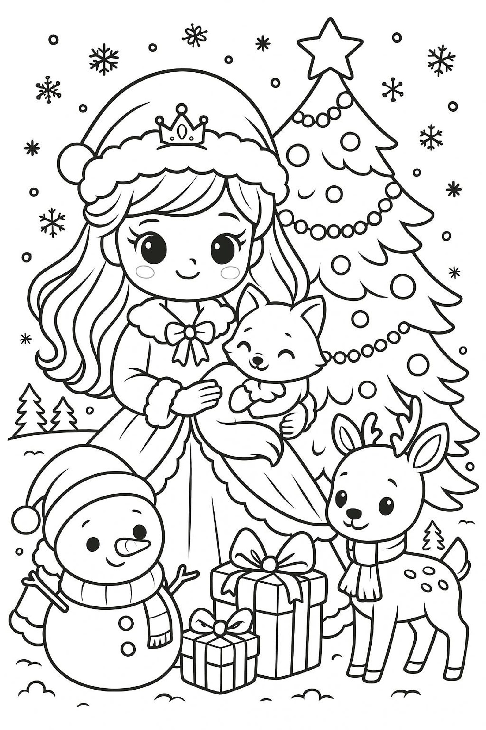 Kawaii Christmas Princess Coloring Pages- Princess & Animal- Kids ...