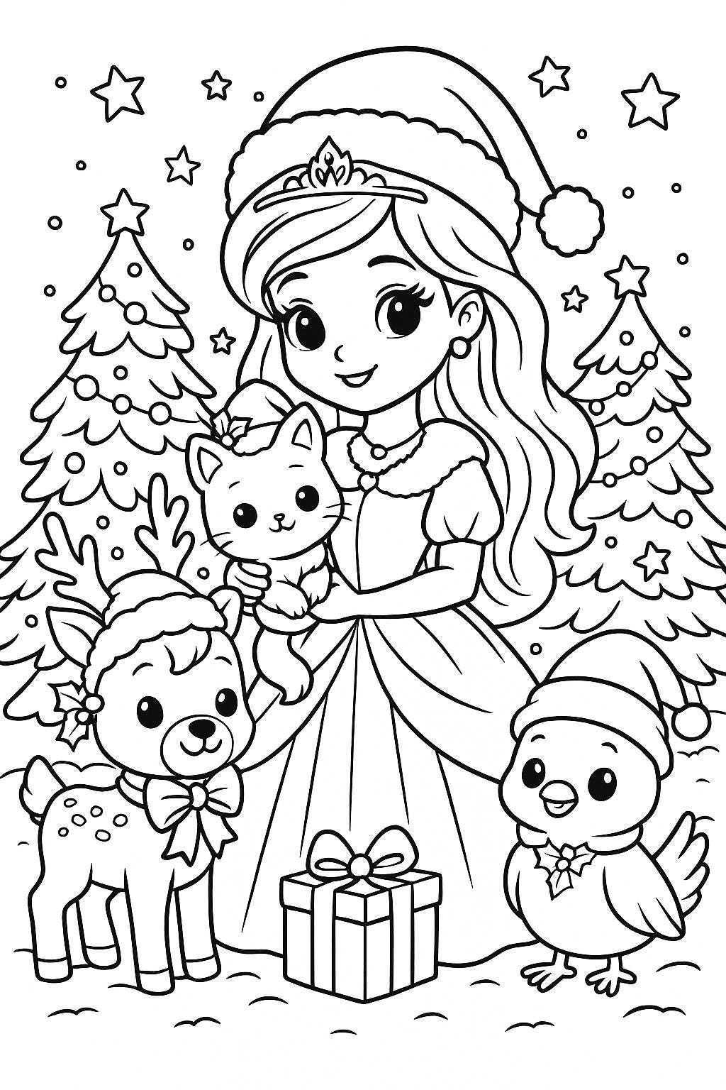 Kawaii Christmas Princess Coloring Pages- Princess & Animal- Kids ...