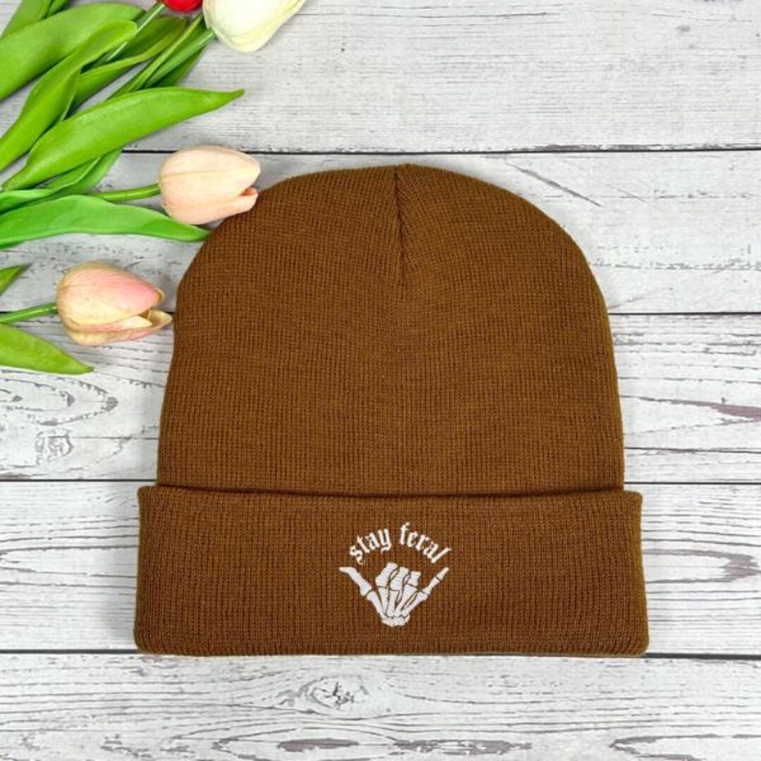 Embroidered Skeleton Hand Beanie - Brown Knit, Stay Feral - Etsy