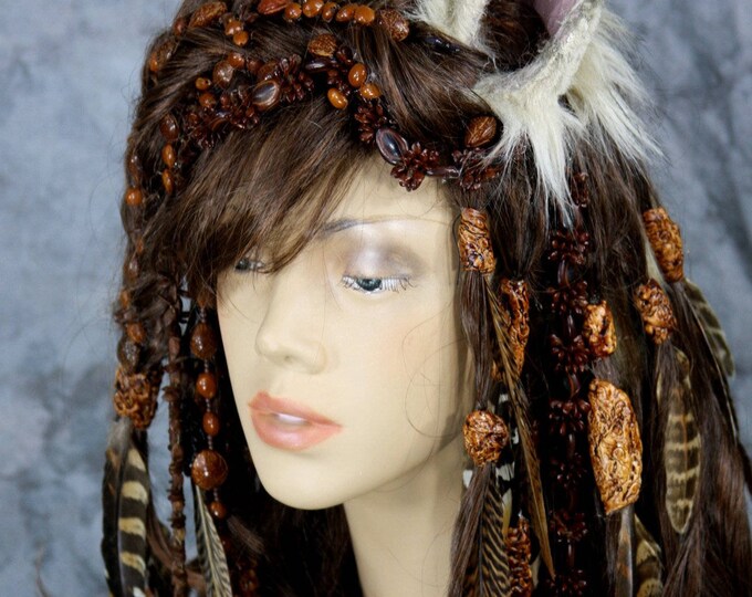 Tribal Male Female Unisex Full Brown Wig W Wolf Ears Headpiece Costume ...