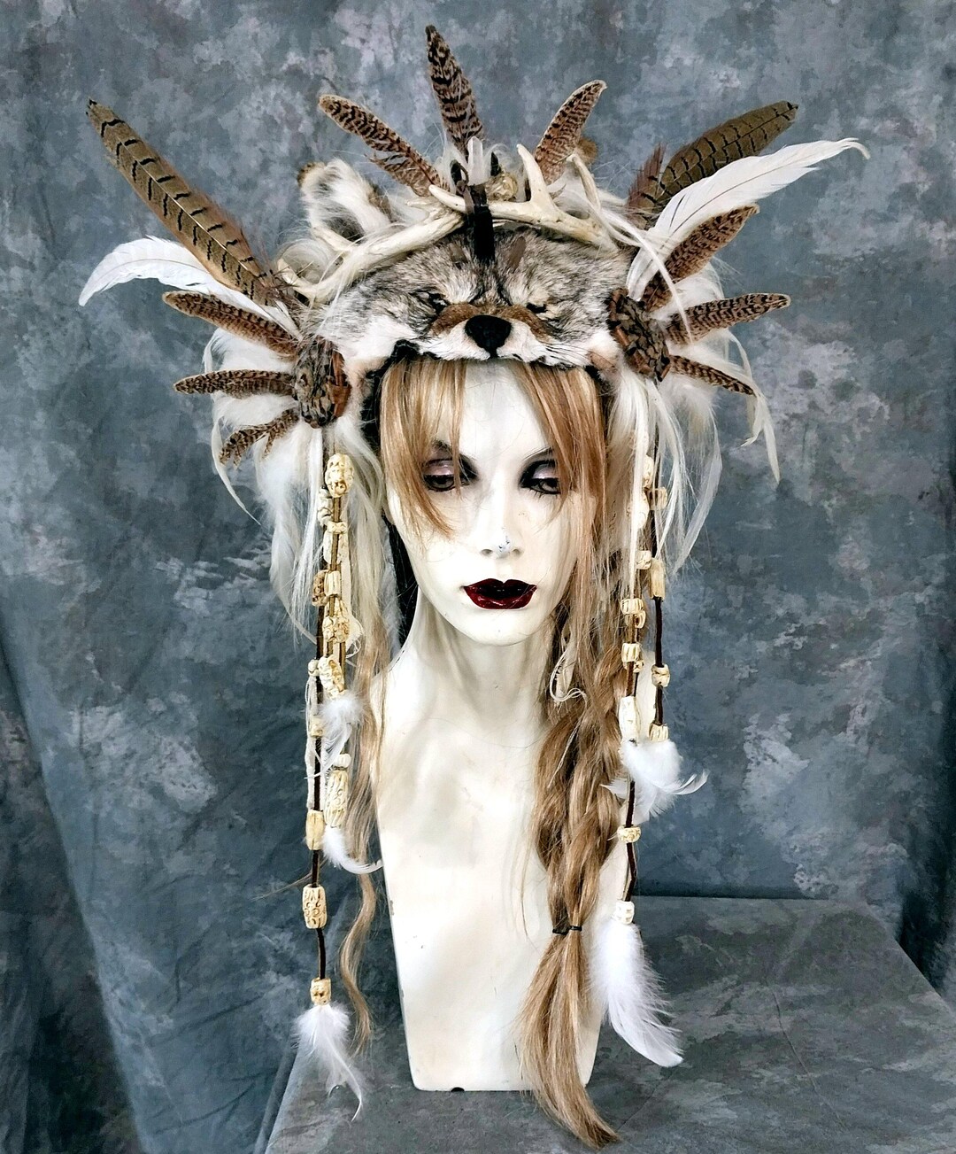 Coyote Headpiece Headdress Real Fur Pelt Horns Antlers Celtic Pagan ...
