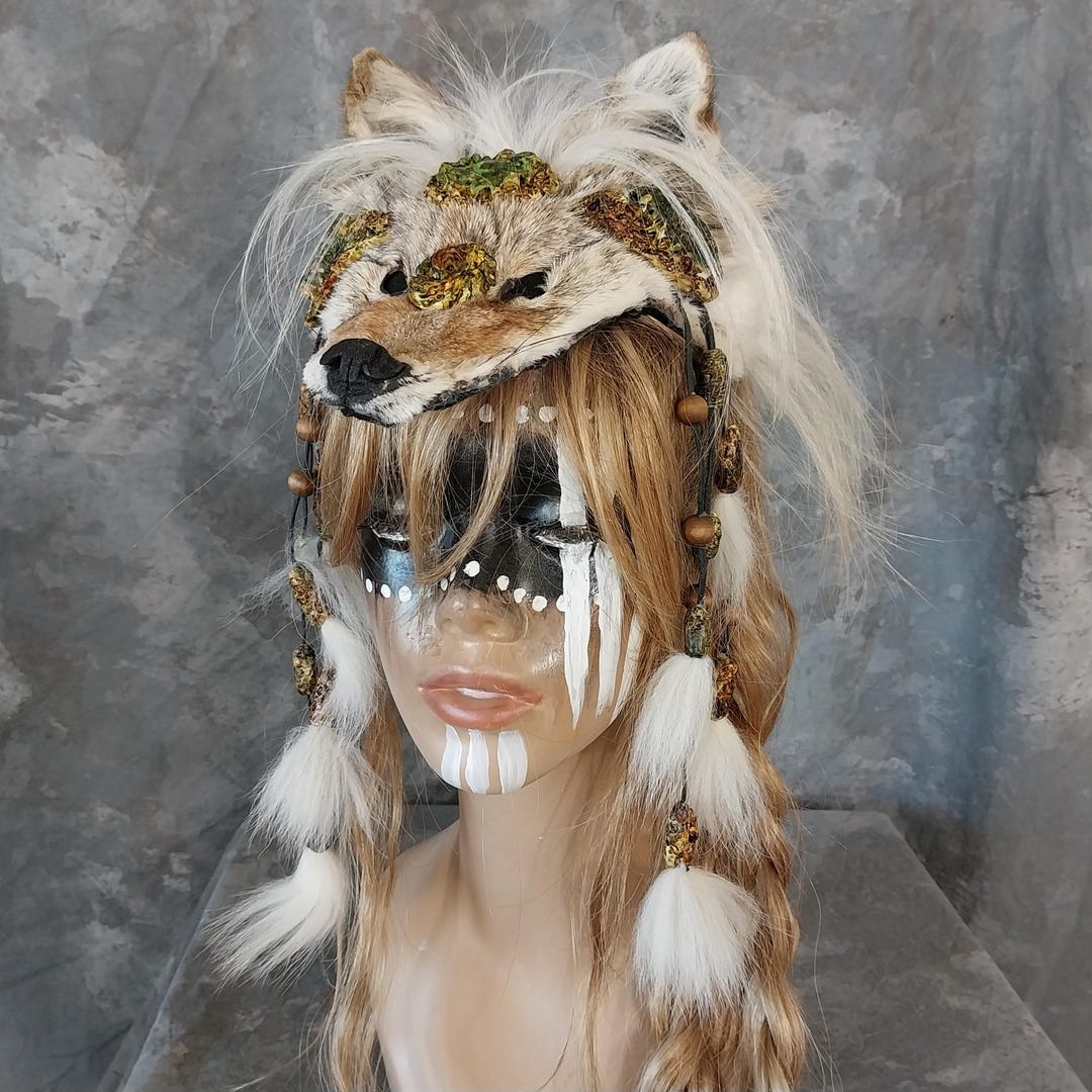 Unisex Coyote Headpiece Headdress Real Fur Pelt Celtic Pagan Druid ...