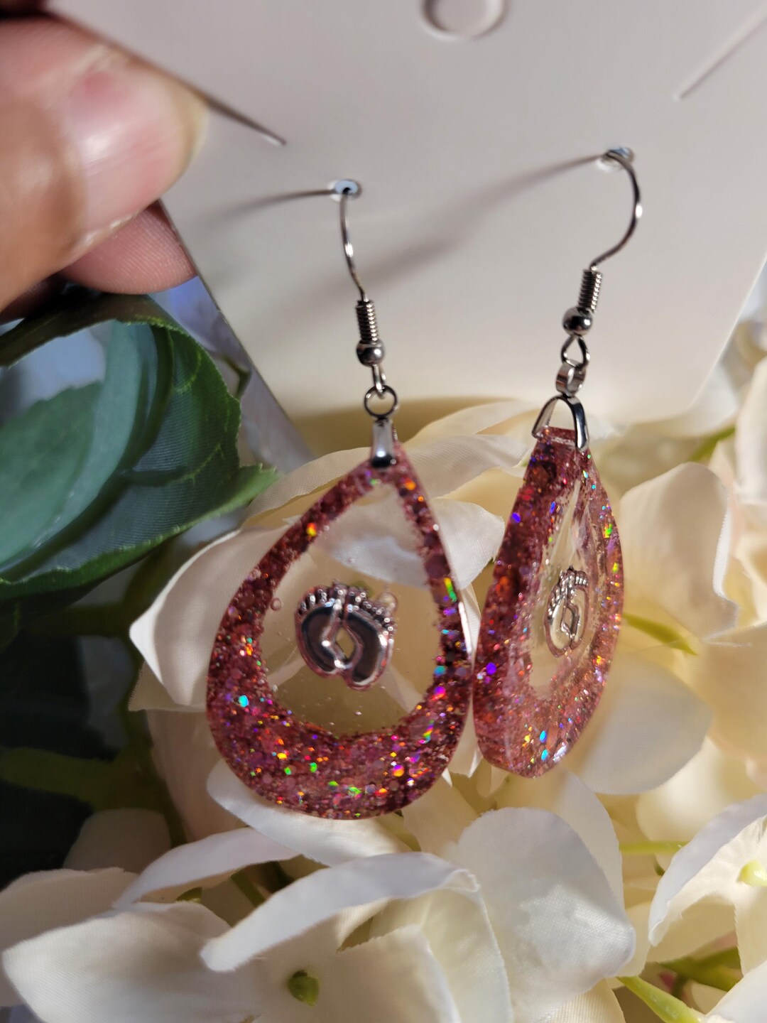 Pink Tear Drop Shaped, Silver Baby Feet Dangle Earrings, Made With ...