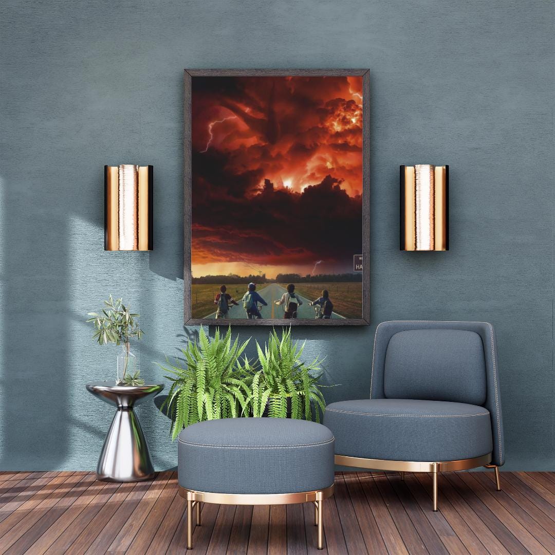 Retro 80s Kids on Bikes Wall Art, Stormy Sky Sci-fi Digital Poster ...