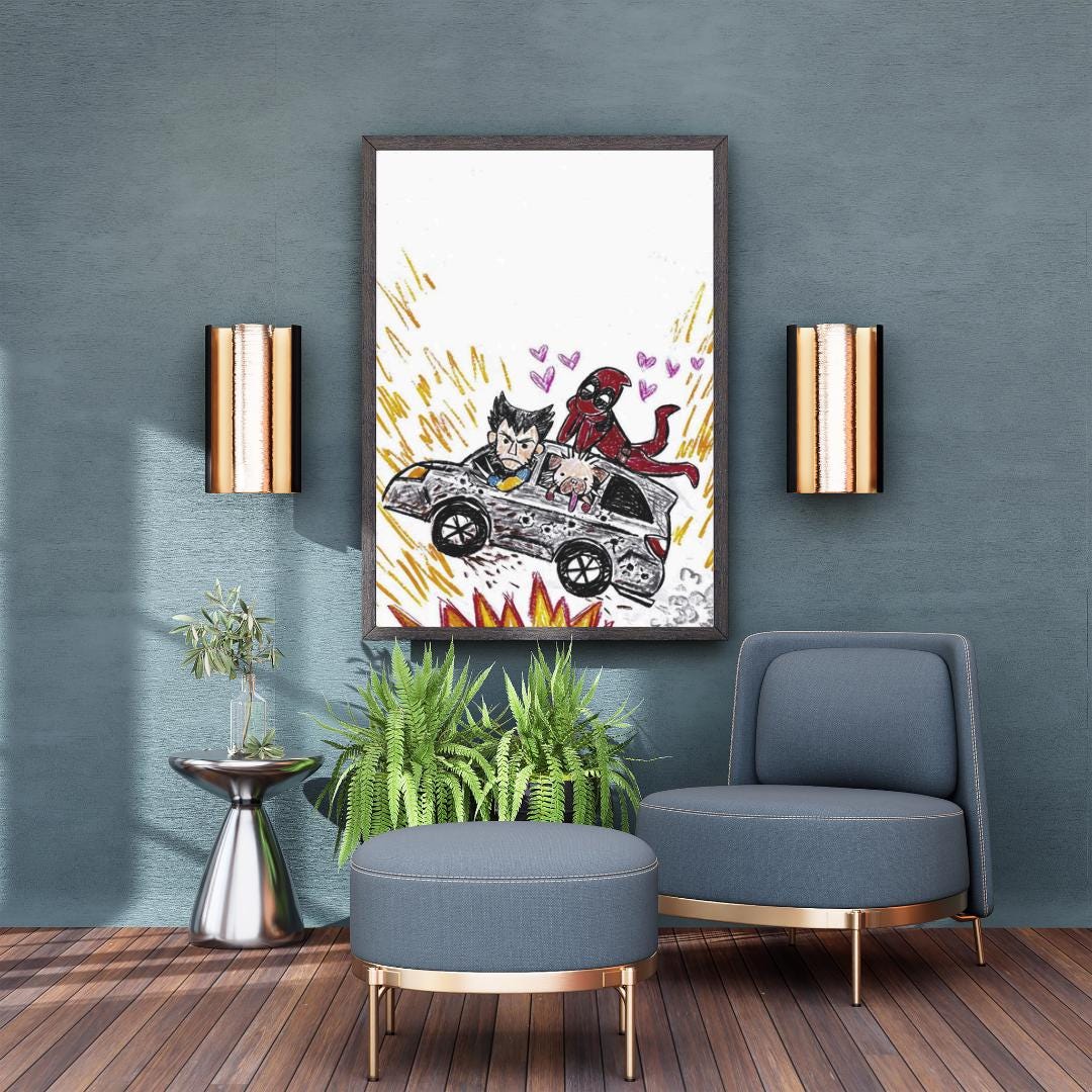 Funny Cartoon Duo Digital Poster, Crayon Style Comic Wall Art, Colorful ...