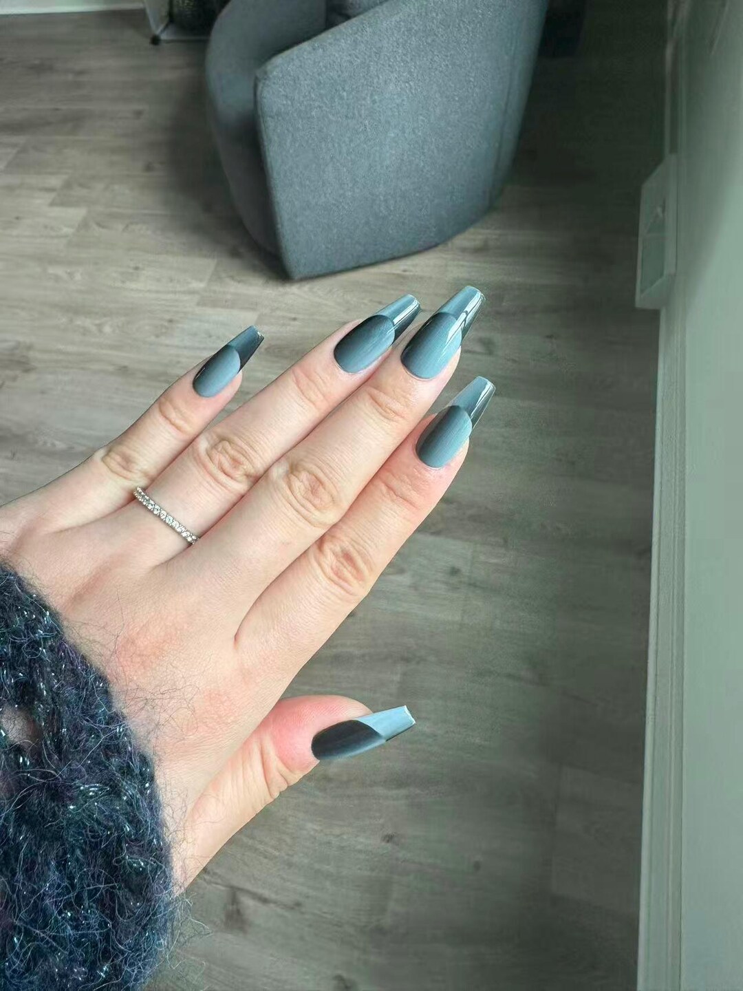 Grey Ombre & Dark Teal Color Block Long Coffin Press-on Nails - Etsy