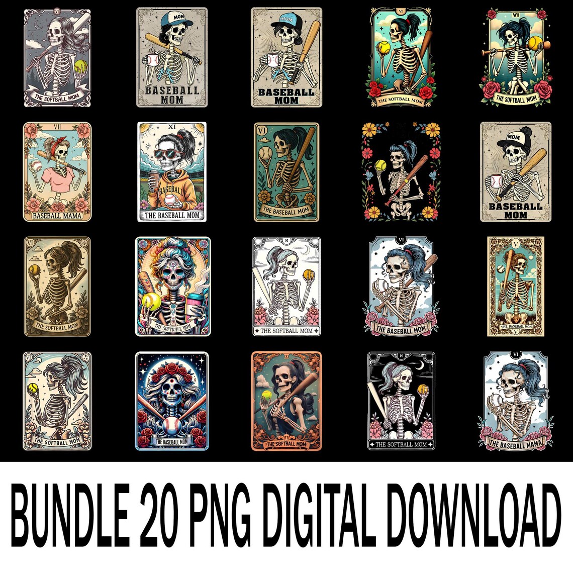 Baseball Mom Tarot Card PNG, Skeleton Mama Sublimation Digital Download ...