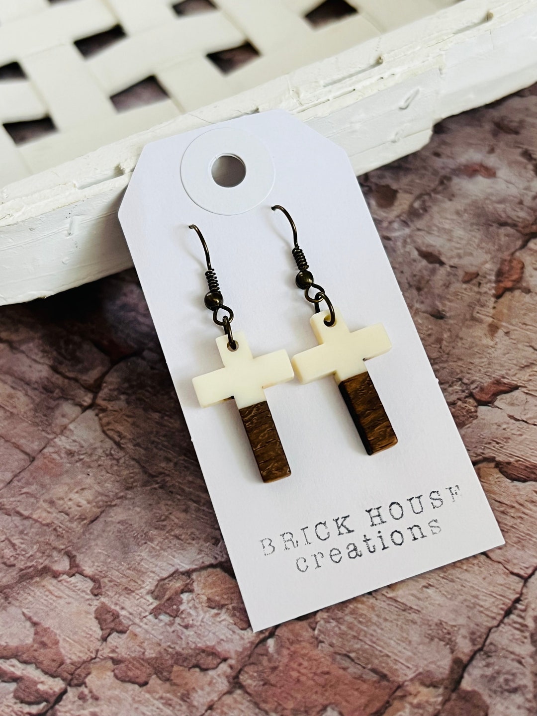 Cross off White Resin + Wooden Dangle Earrings, Cream Wood Resin, White ...