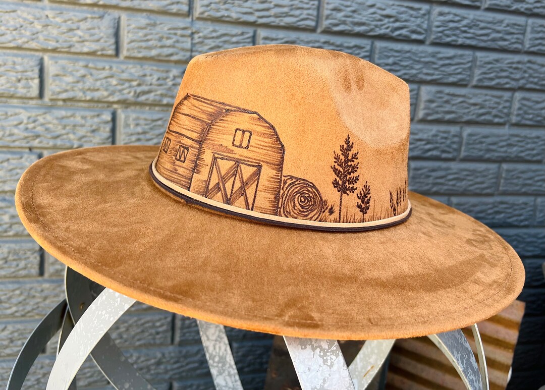 Barn, Farm, Burned Wide Brim Hat, Fedora Hat, Pyrography, Wood Burned ...