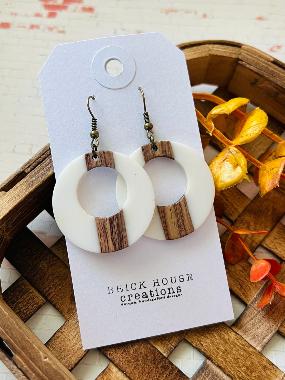 Round Cut Out off White Resin + Wooden Earrings, Cream Wood Resin ...