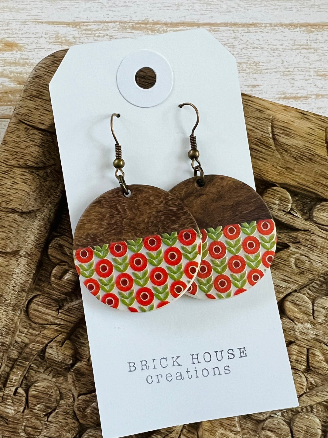 Red Poppy Print Resin + Wooden Earrings - Etsy