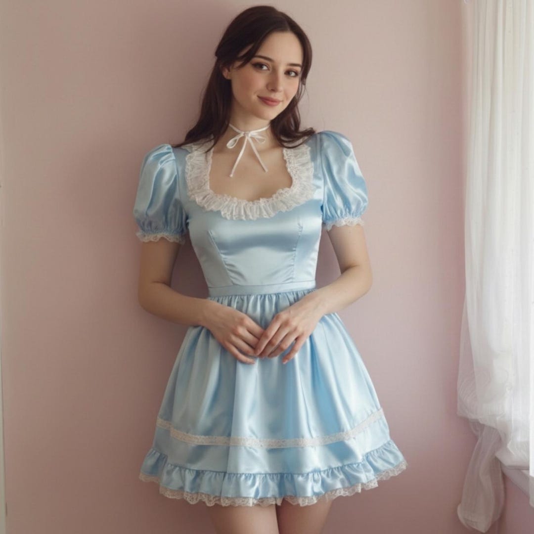 Lavender Skyblue Satin Maid Dress With Lace Ruffles Sexy Girl Lolita ...