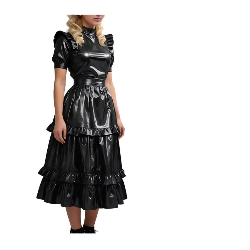 Gothic Leather PVC Long Dress With Ruffled Vintage Maid A-line Pleated ...