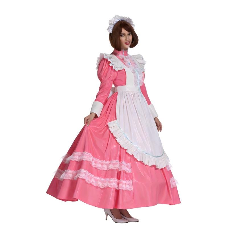 Sissy Maid Dress Lockable Cosplay White Apron High Neck PVC Robe Long ...