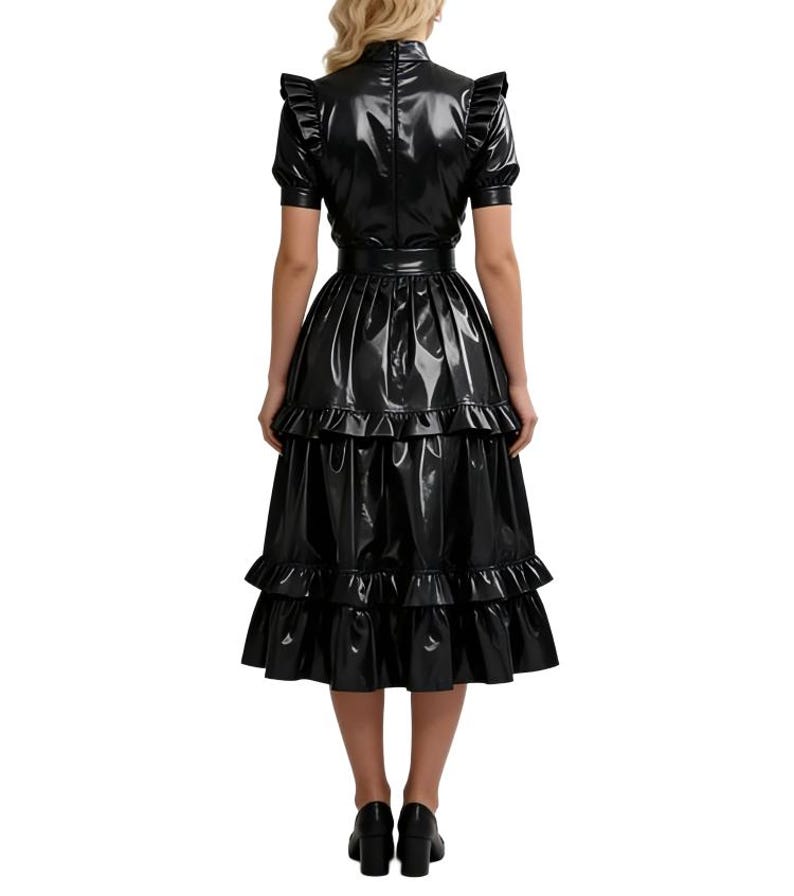 Gothic Leather PVC Long Dress With Ruffled Vintage Maid A-line Pleated ...