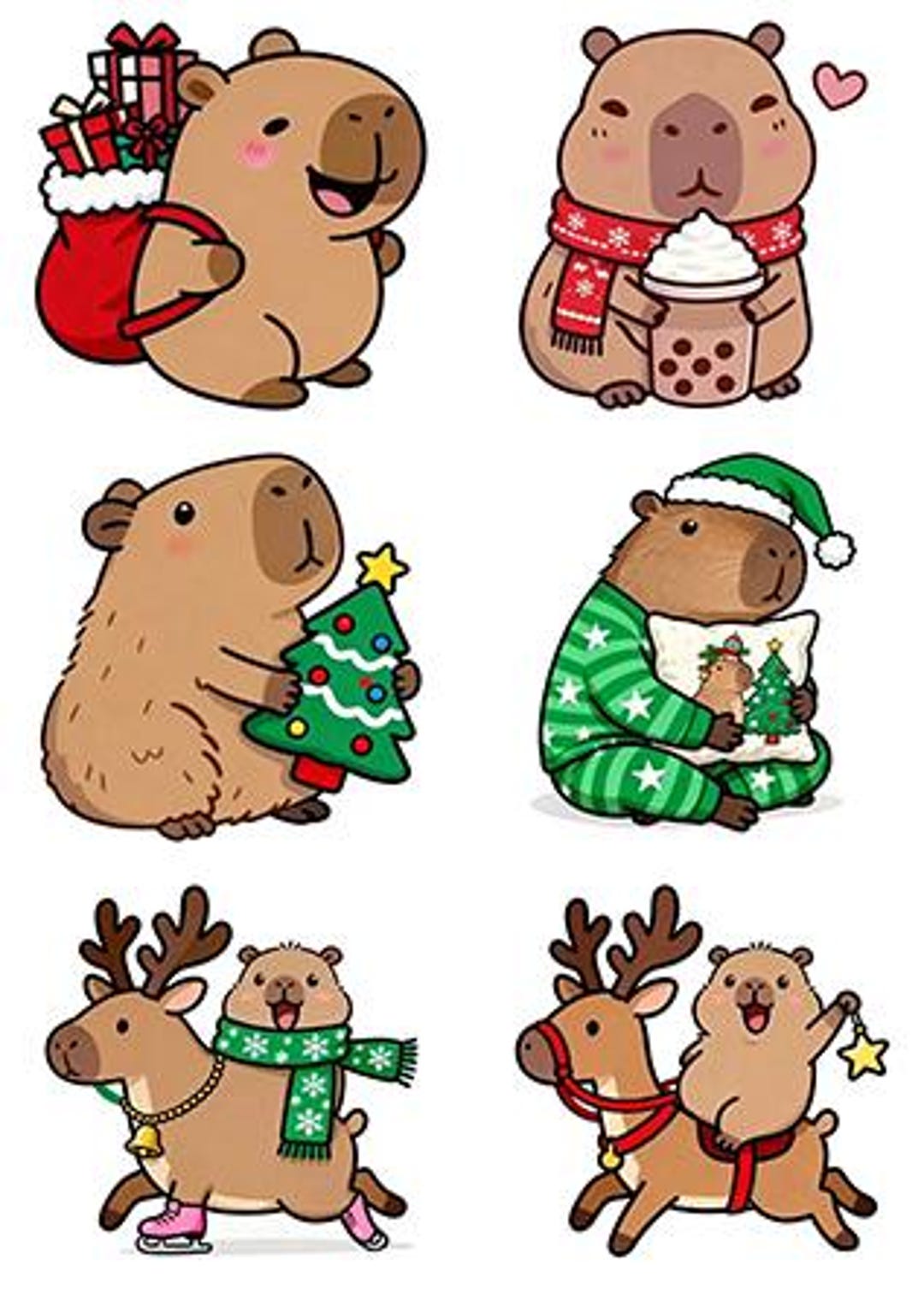 Christmas Capybara PNG Set, Kawaii Winter Animal Illustrations (digital ...