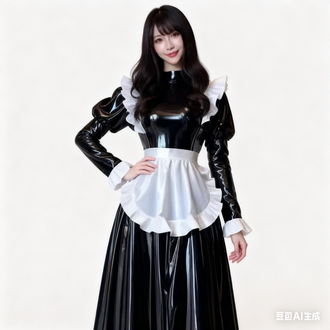 Customized Sexy French Maid Latex Dress Ruffs Cuffs on Apron Zipper at ...