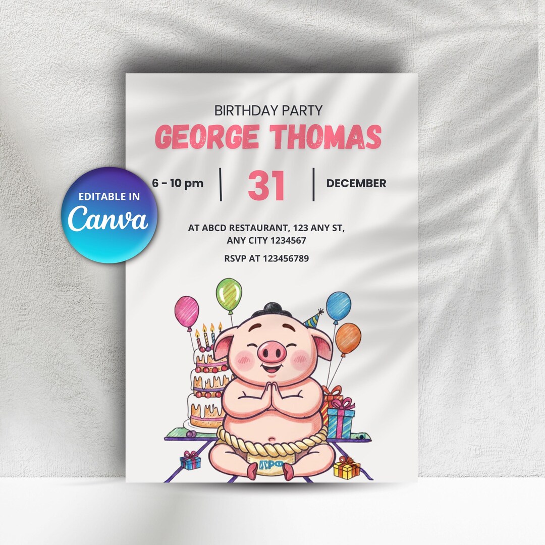 Sumo Pig Birthday Invitation Template, Japanese Wrestling Party Invite ...