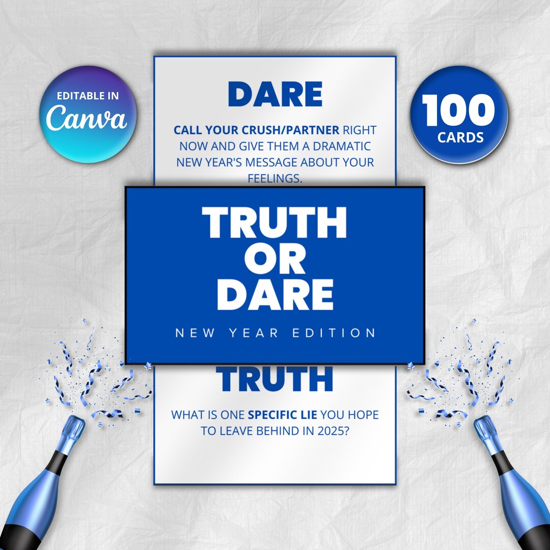 Truth or Dare Card Game Template, New Year Edition, 100 Cards Editable ...