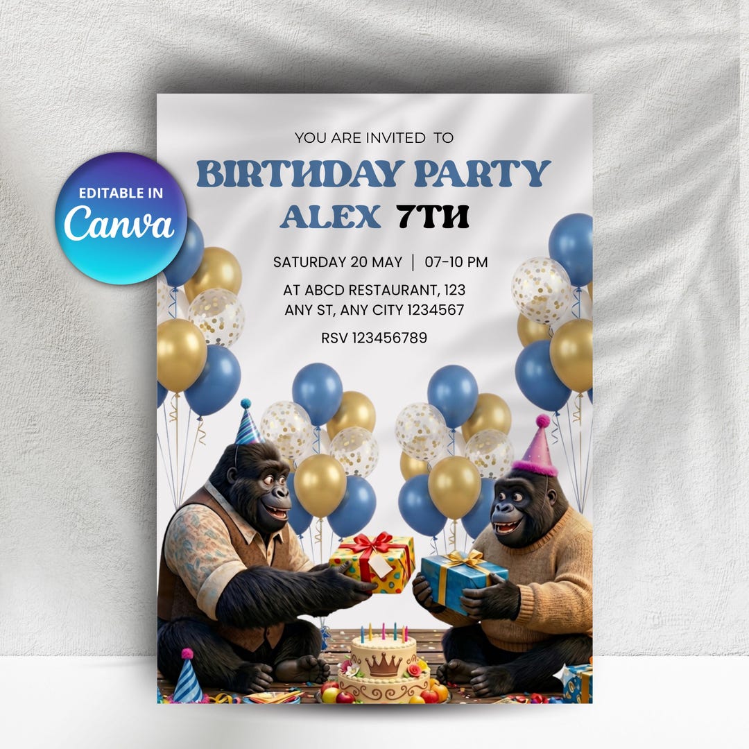 Two Gorillas Birthday Invitation, Blue Gold Balloons, Jungle Safari ...
