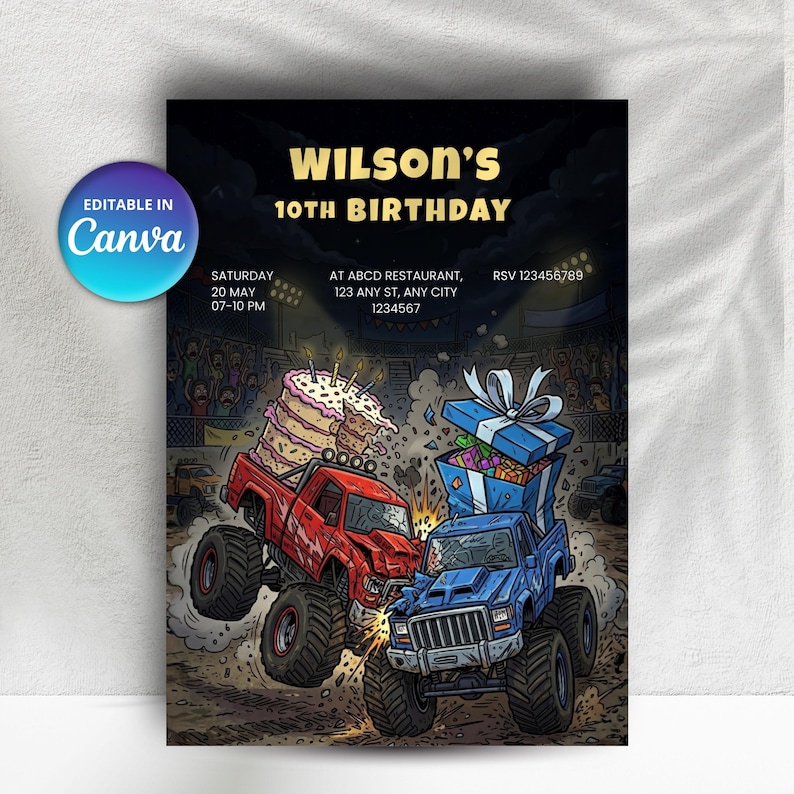 Monster Truck Birthday Invitation, Demolition Derby Canva Template ...