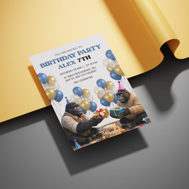 Two Gorillas Birthday Invitation, Blue Gold Balloons, Jungle Safari ...