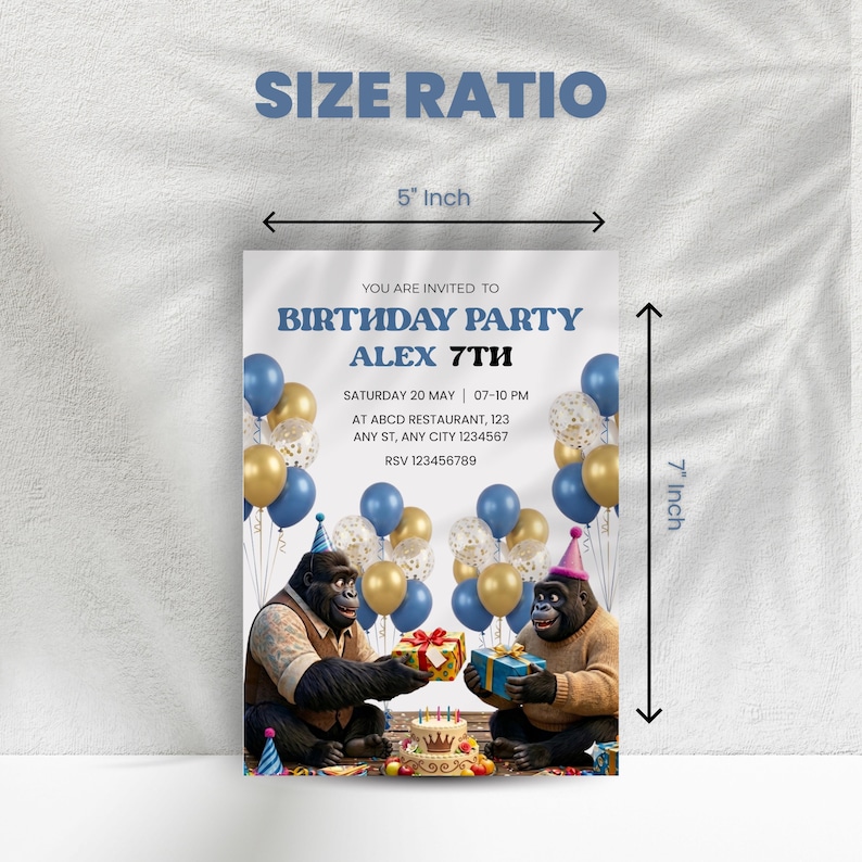 Two Gorillas Birthday Invitation, Blue Gold Balloons, Jungle Safari ...