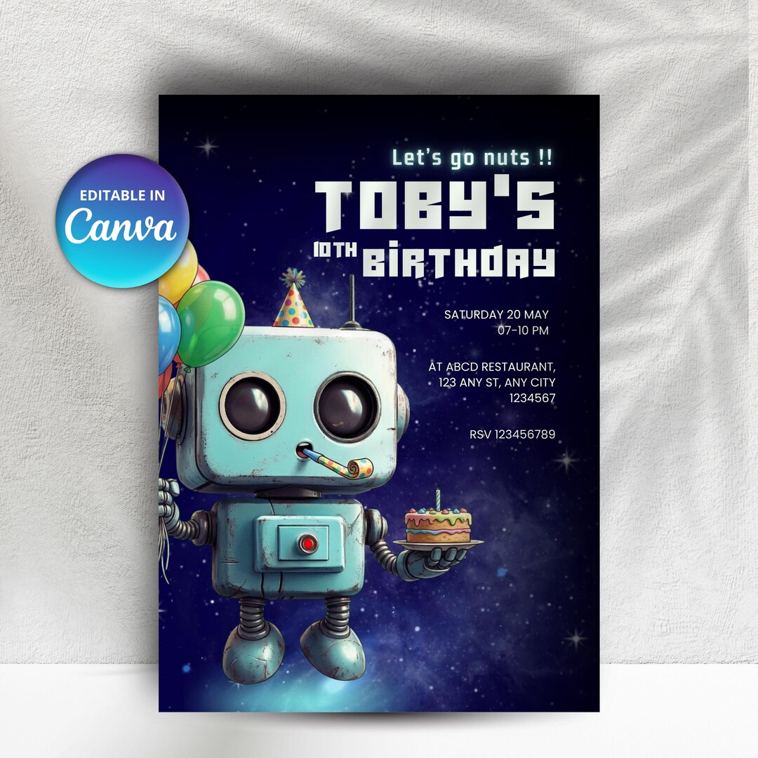 Editable Robot Birthday Invitation, Outer Space Galaxy Party Invite ...