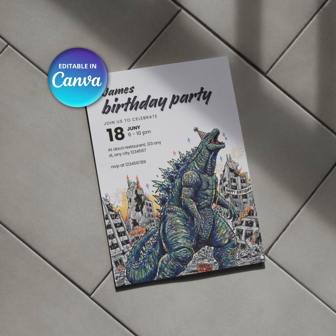 Godzilla Birthday Invitation, Monster Party Invite, Kaiju Theme ...