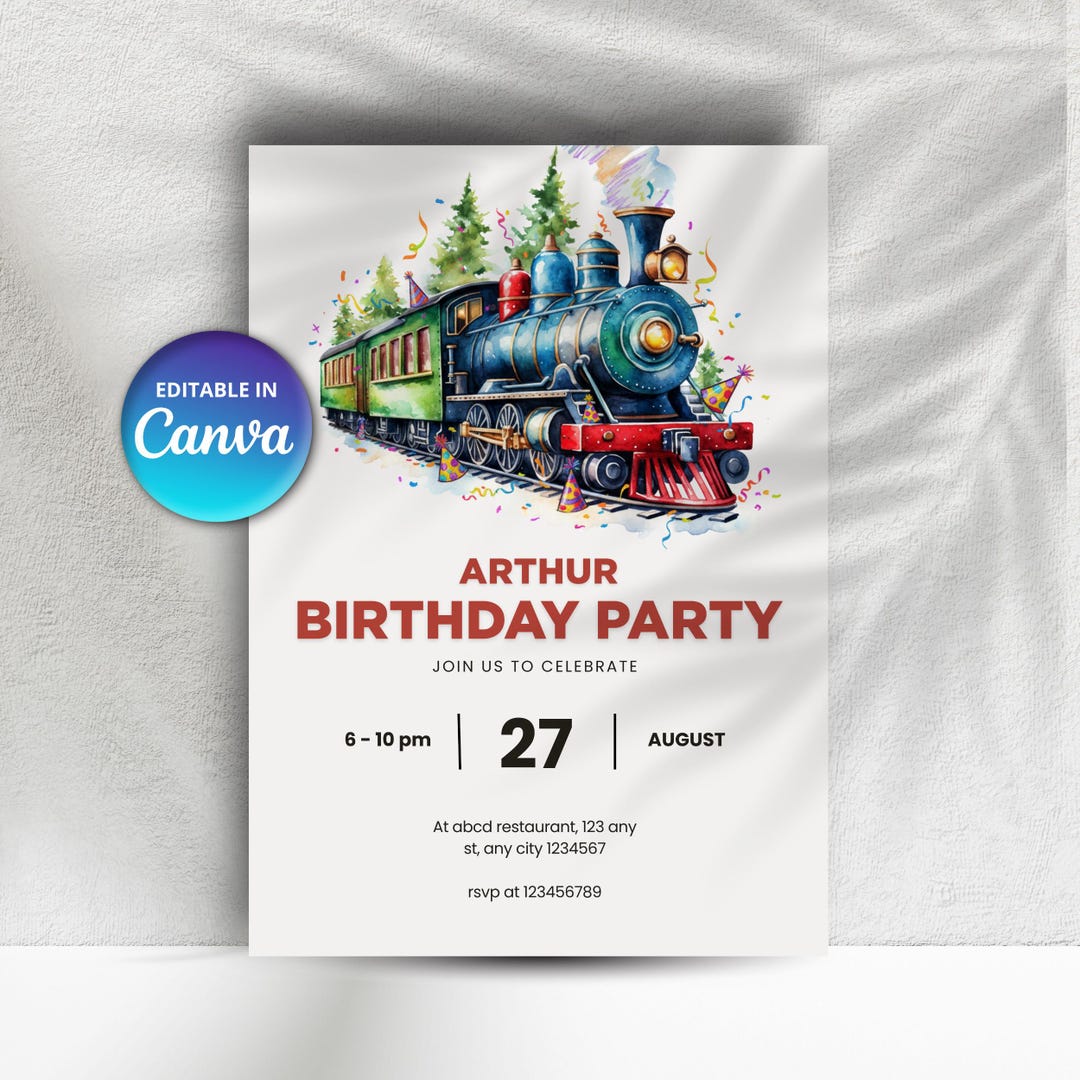Train Birthday Invitation Template, Steam Locomotive Party Invite ...