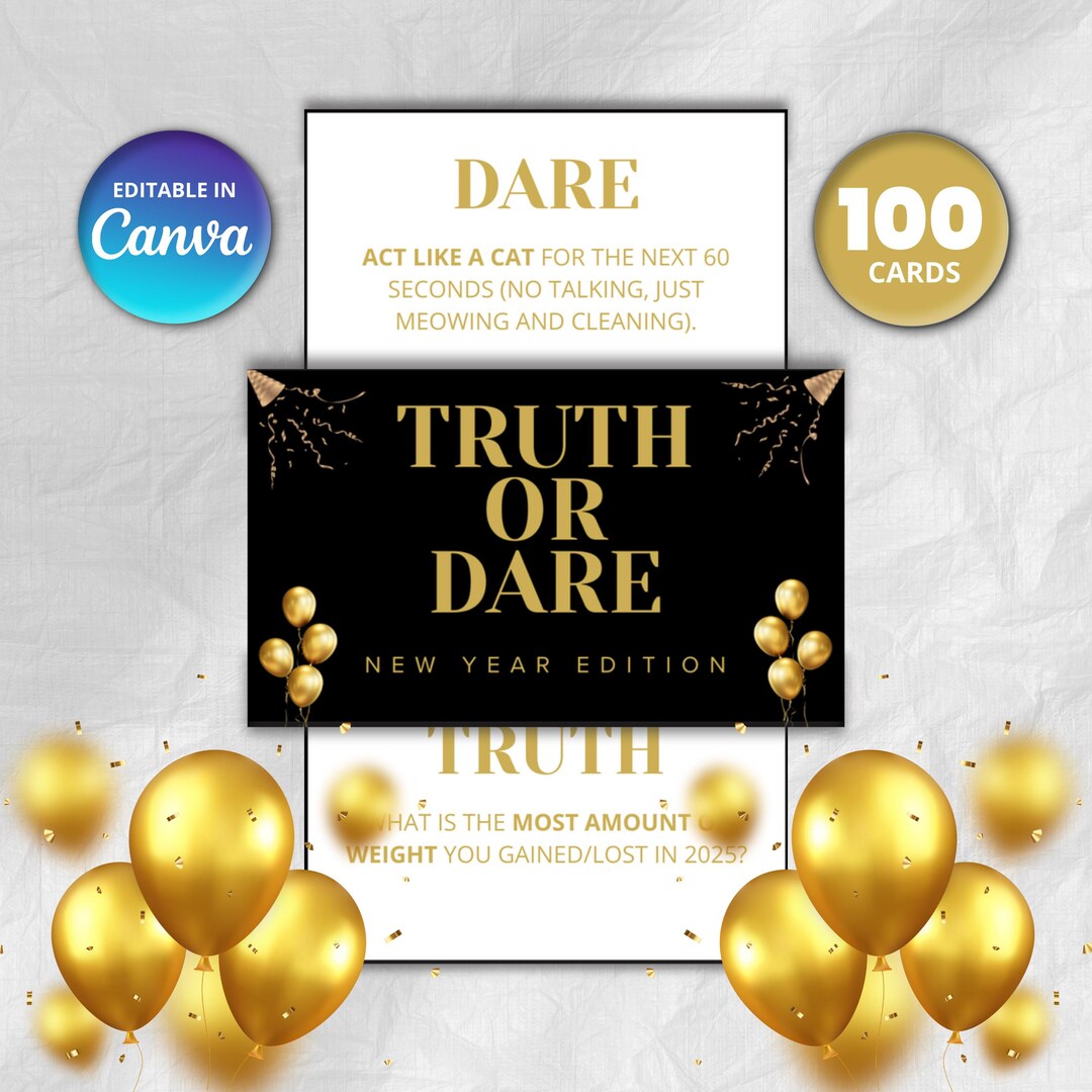 Truth or Dare Card Game Template, New Year Edition, 100 Cards Editable ...